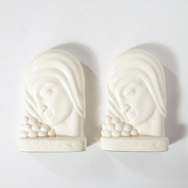 Pair of Art Deco Cream Ceramic Figurative Bookends Signed by Kent Art ...