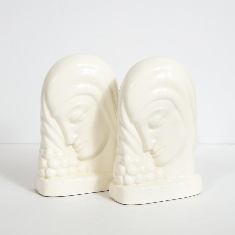 Pair of Art Deco Cream Ceramic Figurative Bookends Signed by Kent Art ...