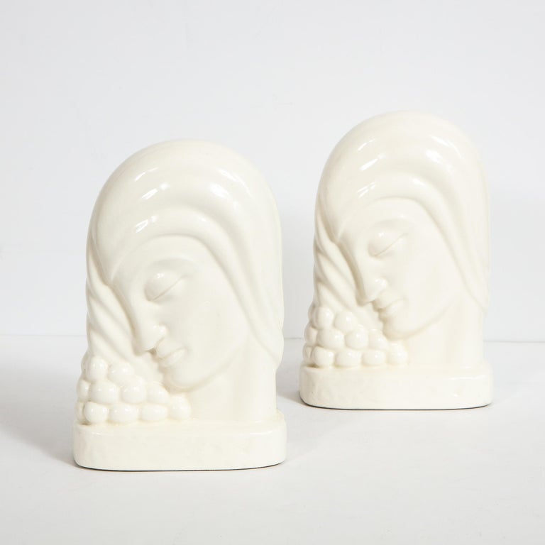 Pair of Art Deco Cream Ceramic Figurative Bookends Signed by Kent Art ...