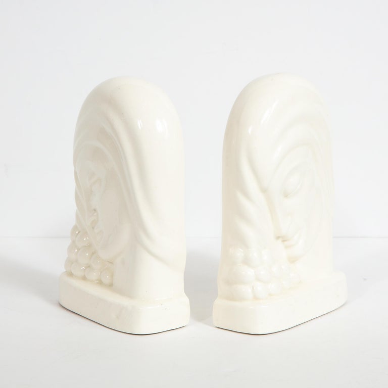 Pair of Art Deco Cream Ceramic Figurative Bookends Signed by Kent Art ...