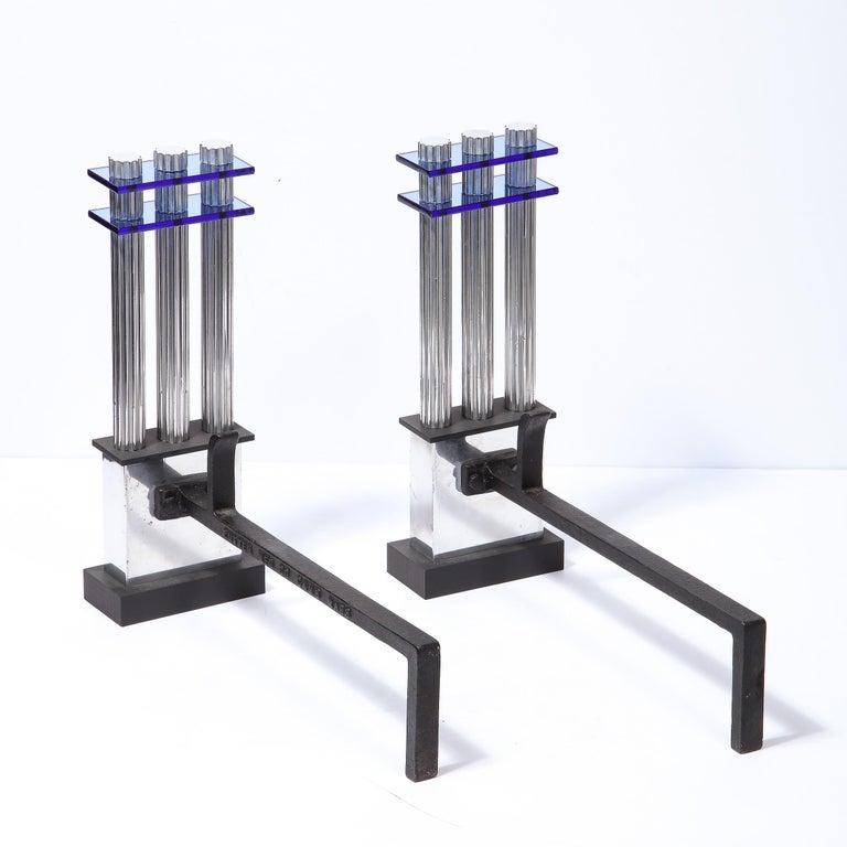 Pair of Art Deco Fluted Chrome and Cobalt Blue Glass Andirons by Donald ...