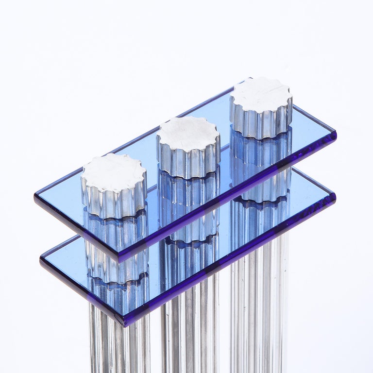 Pair of Art Deco Fluted Chrome and Cobalt Blue Glass Andirons by Donald ...