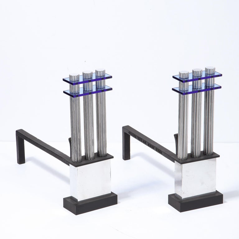 Pair of Art Deco Fluted Chrome and Cobalt Blue Glass Andirons by Donald ...