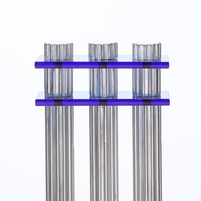 Pair of Art Deco Fluted Chrome and Cobalt Blue Glass Andirons by Donald ...
