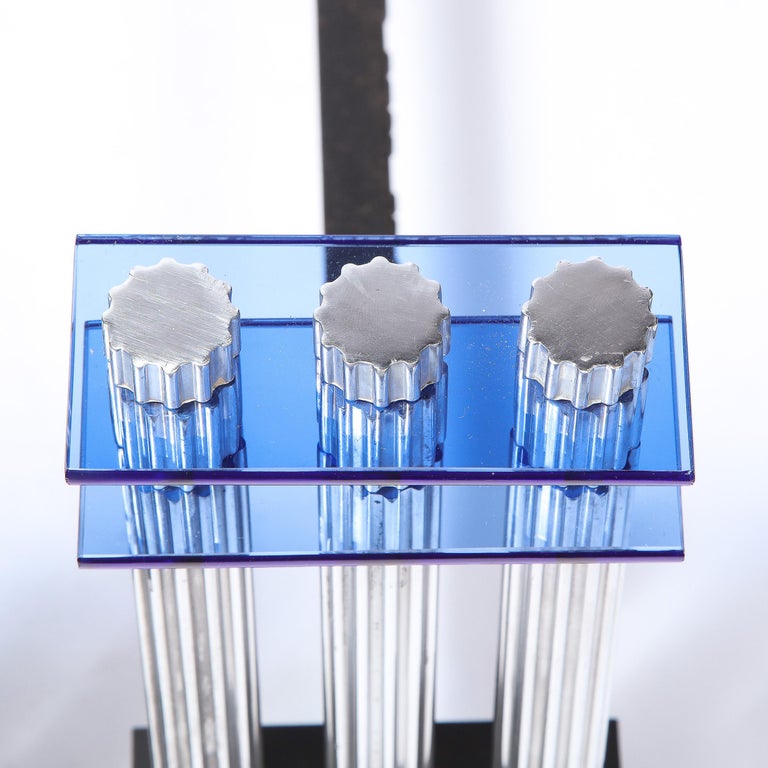 Pair of Art Deco Fluted Chrome and Cobalt Blue Glass Andirons by Donald ...