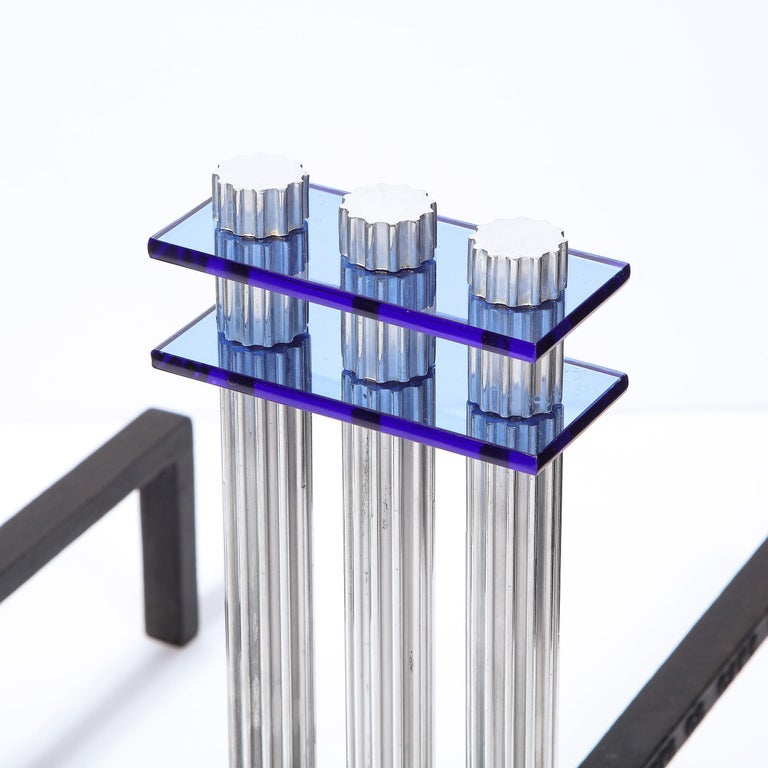 Pair of Art Deco Fluted Chrome and Cobalt Blue Glass Andirons by Donald ...