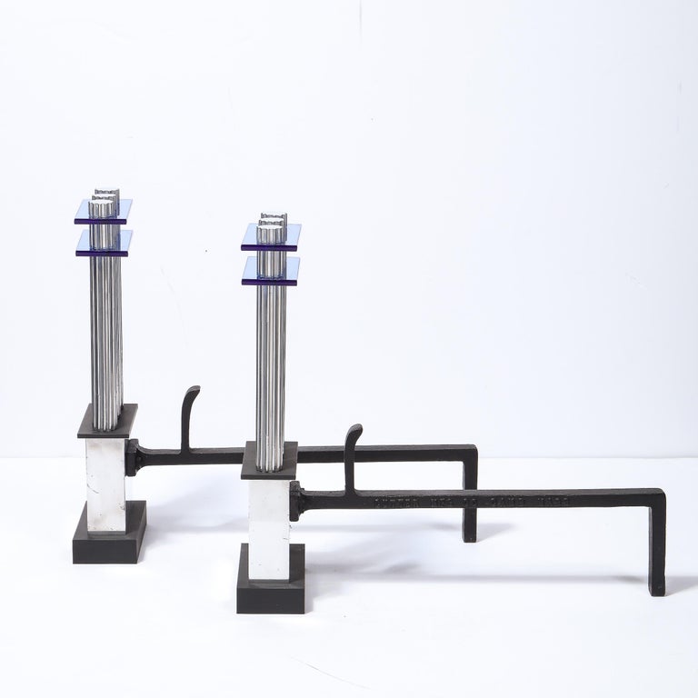 Pair of Art Deco Fluted Chrome and Cobalt Blue Glass Andirons by Donald ...