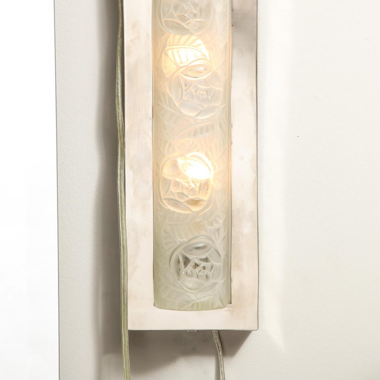 Pair of Art Deco Frosted Glass and Chrome Rectangular Sconces w/ Rose ...