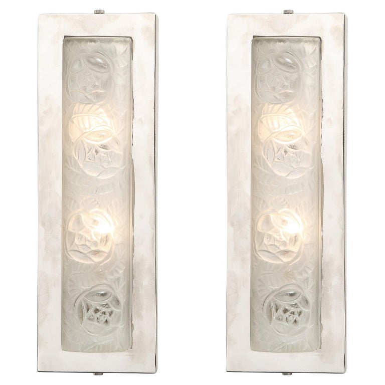 Pair of Art Deco Frosted Glass and Chrome Rectangular Sconces w/ Rose ...
