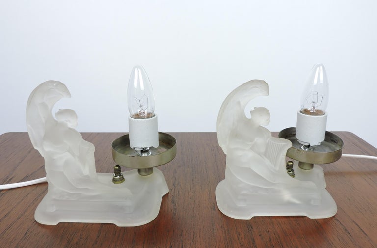Pair of Art Deco Frosted Glass Figural Boudoir Lamps Attributed to ...