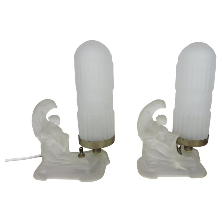 Pair of Art Deco Frosted Glass Figural Boudoir Lamps Attributed to ...