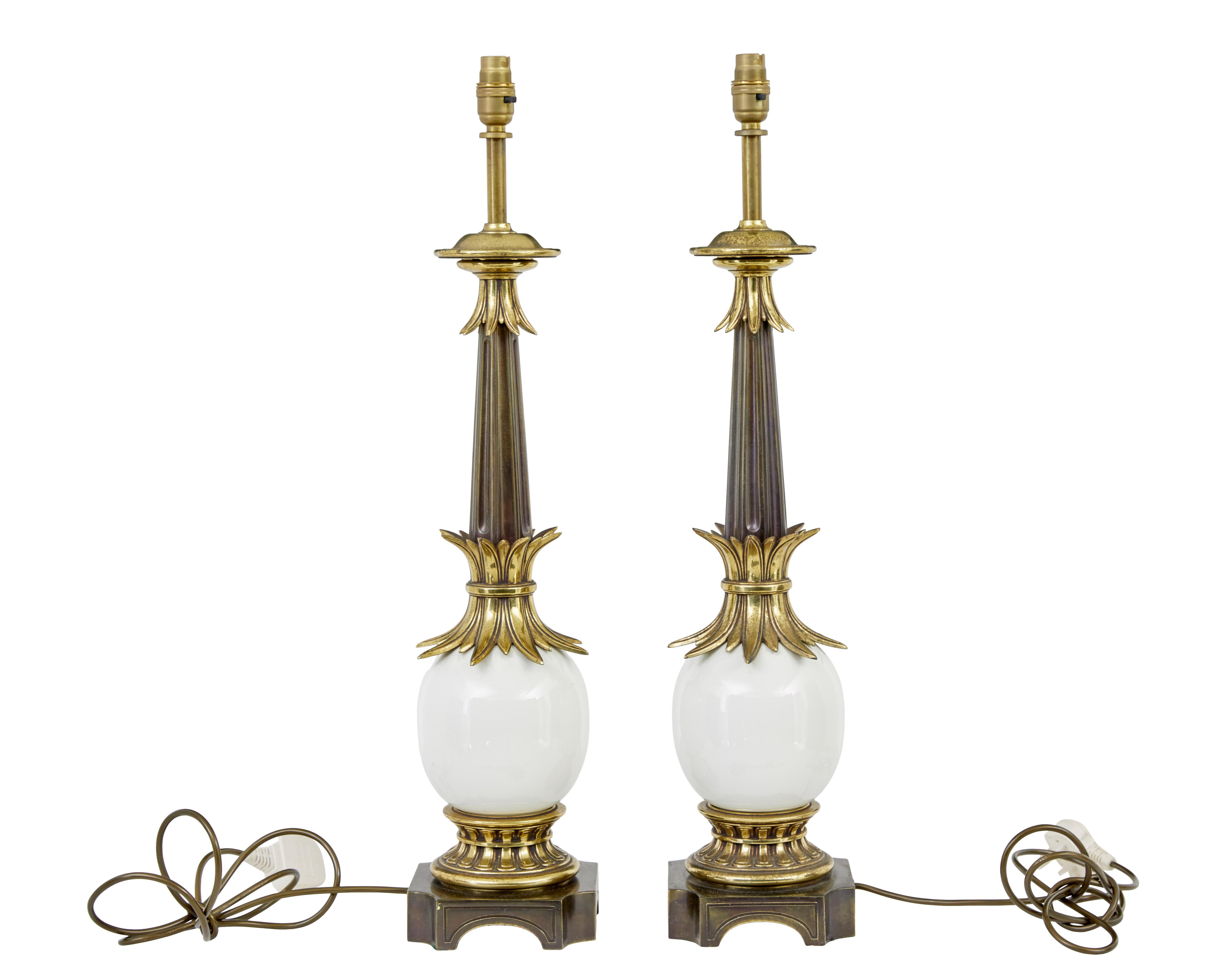 Pair of art deco influenced brass and glass table lamps For Sale at 1stDibs