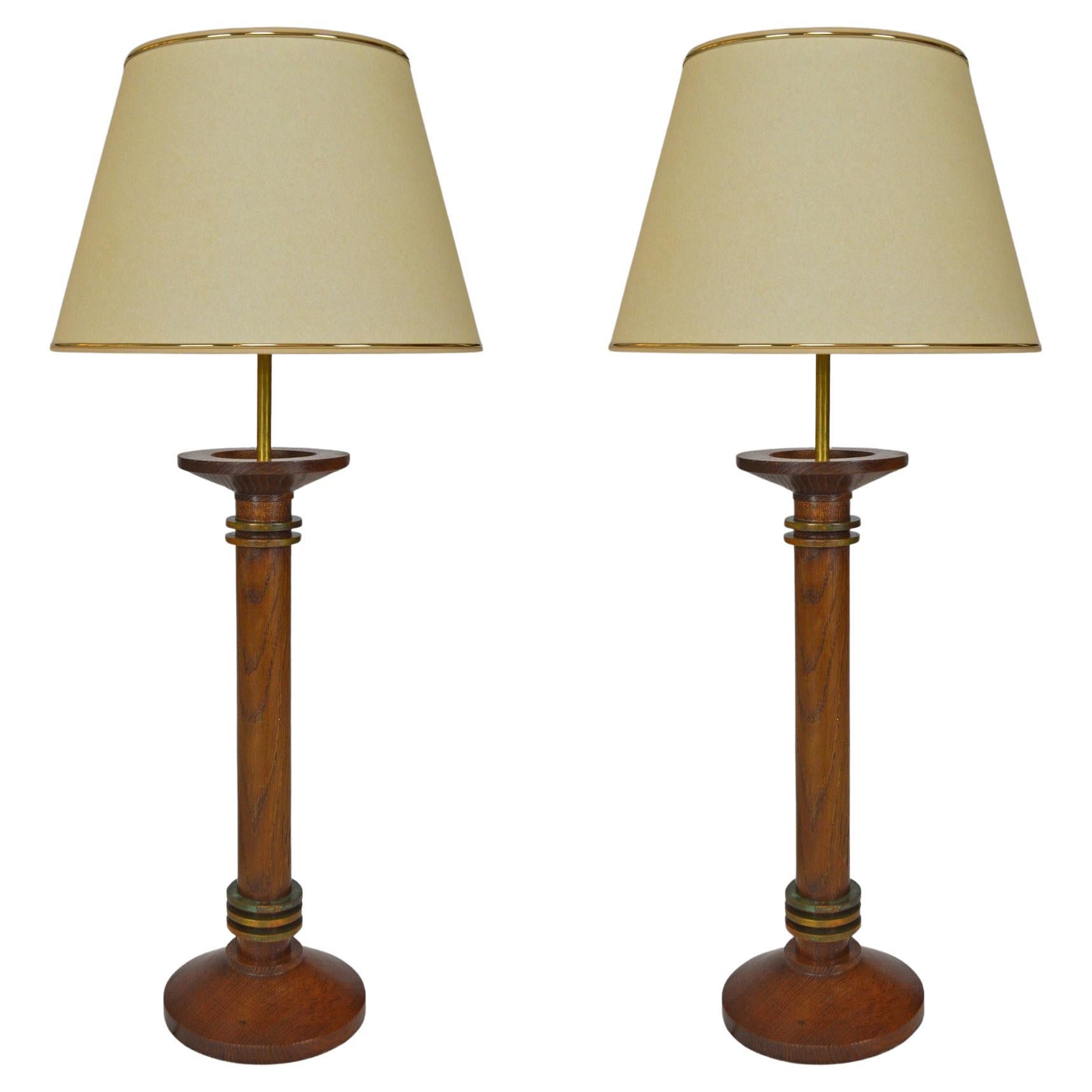 Pair of Art Deco Lamps in Wood and Patinated Bronze, France, circa 1930 ...