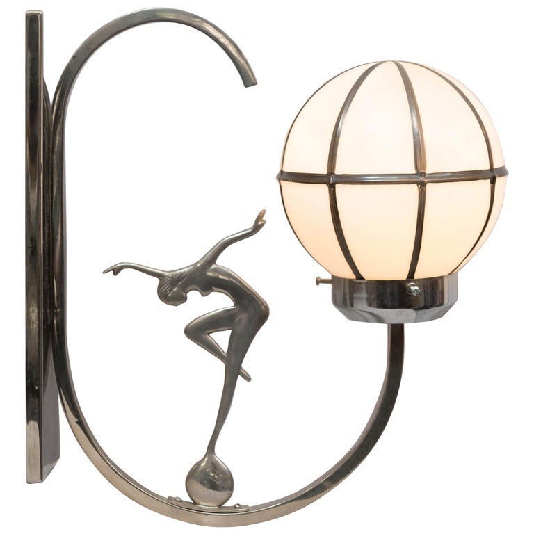Pair of Art Deco / Moderne Figural Chrome Sconces with Original Ball ...