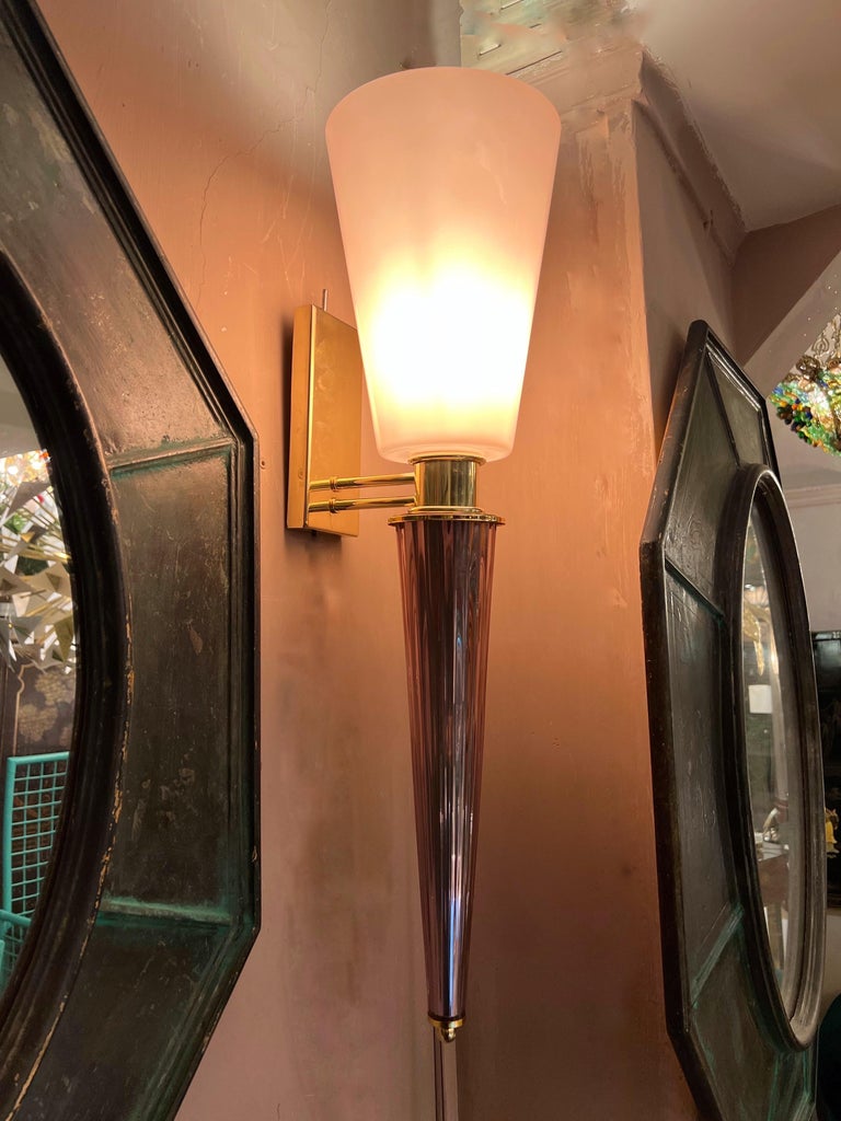 Pair of Art Deco Pink Conical Murano Wall Sconces, Brass Fittings ...