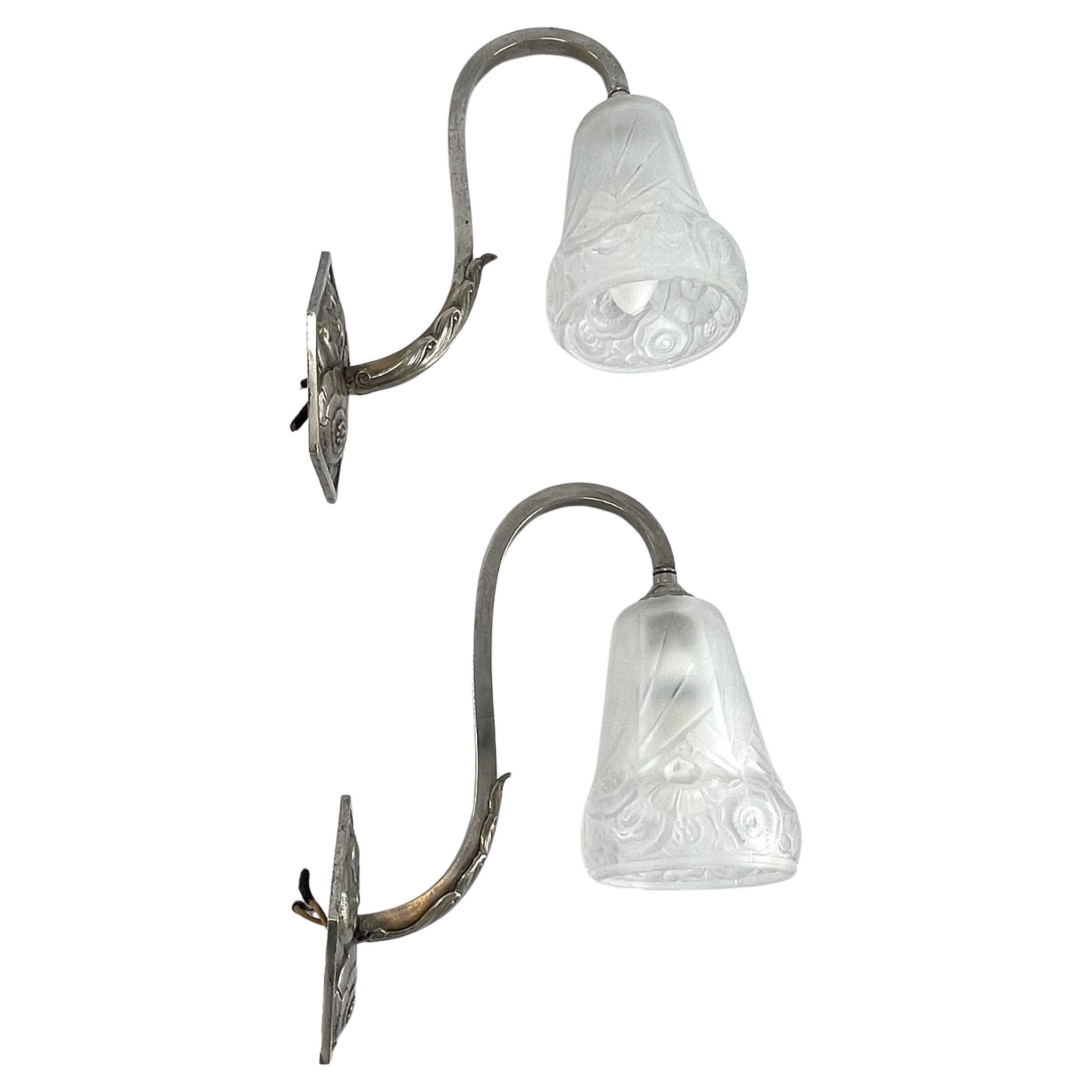 Pair of Art Deco Glass + Brass Sconces, France 1930s For Sale at 1stDibs