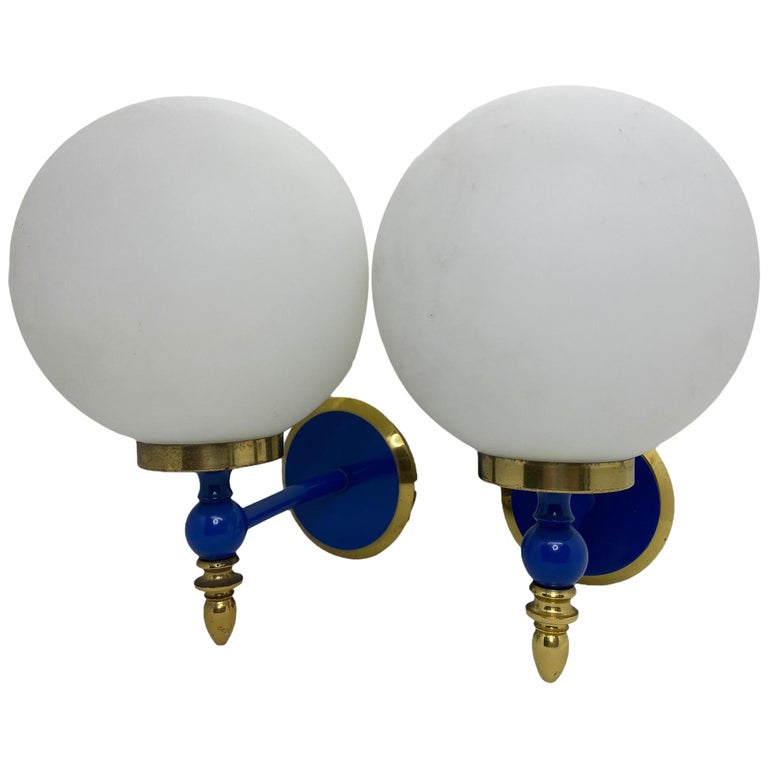 Pair of Art Deco Style Blue Lacquered Brass and Milk Glass Sconces ...