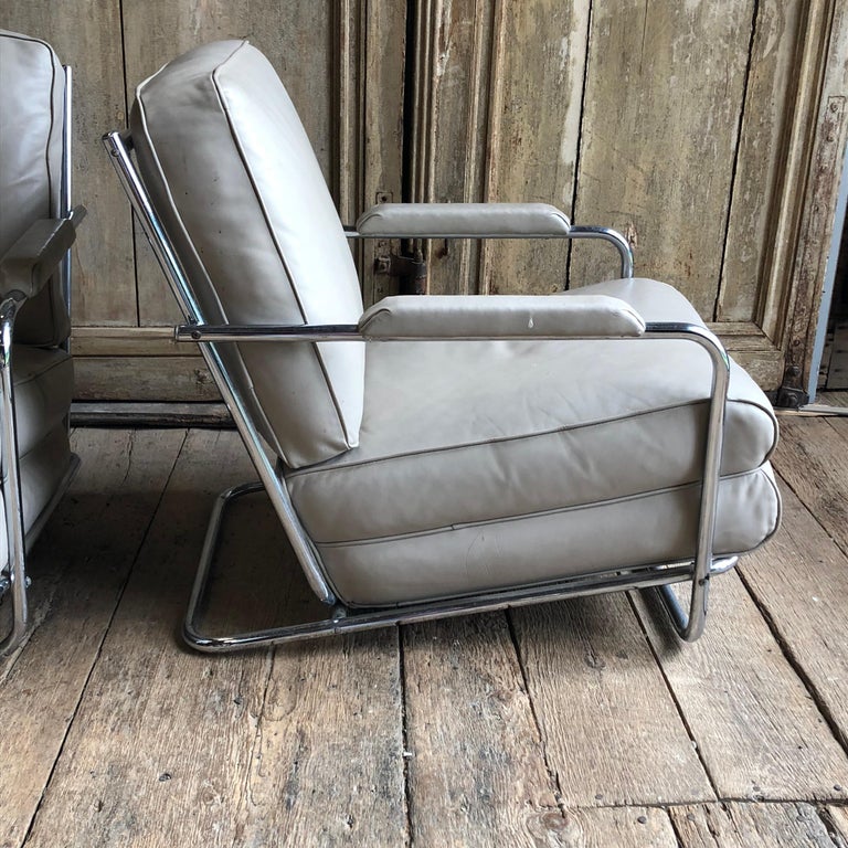 Pair of Gilbert Rohde Lounge Chairs In Chrome and Leather at 1stDibs
