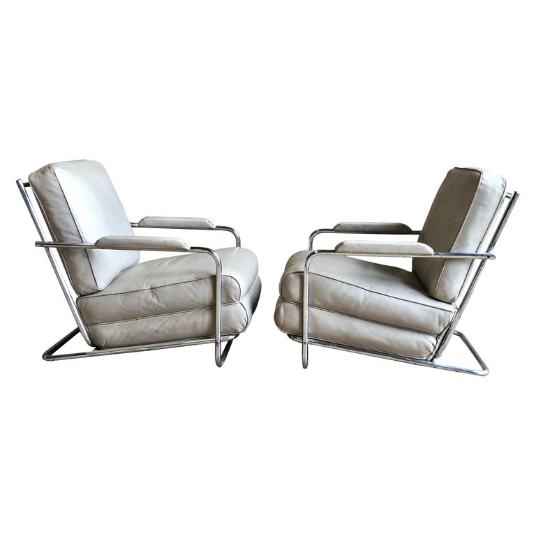 Pair of Gilbert Rohde Lounge Chairs In Chrome and Leather at 1stDibs