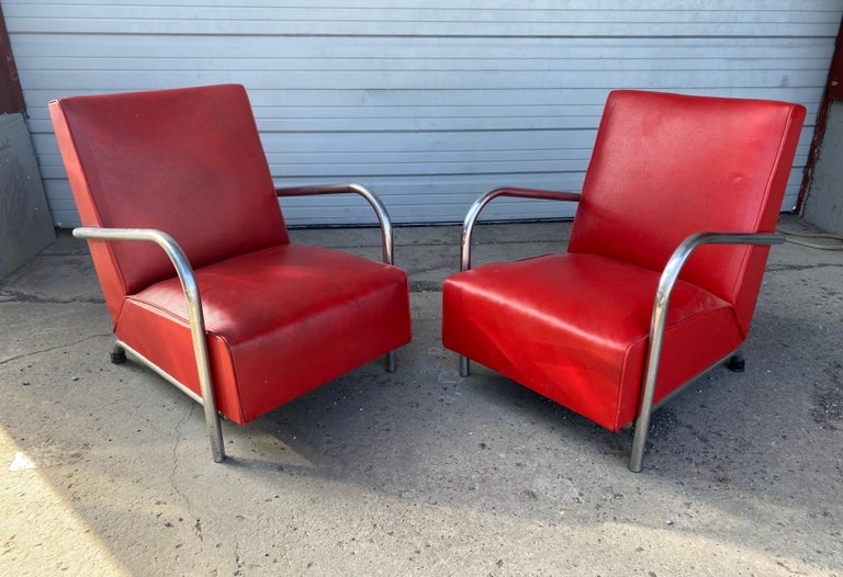 Pair of Art Deco Tubular Chrome Streamline Lounge Chairs at 1stDibs
