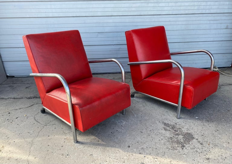 Pair of Art Deco Tubular Chrome Streamline Lounge Chairs at 1stDibs