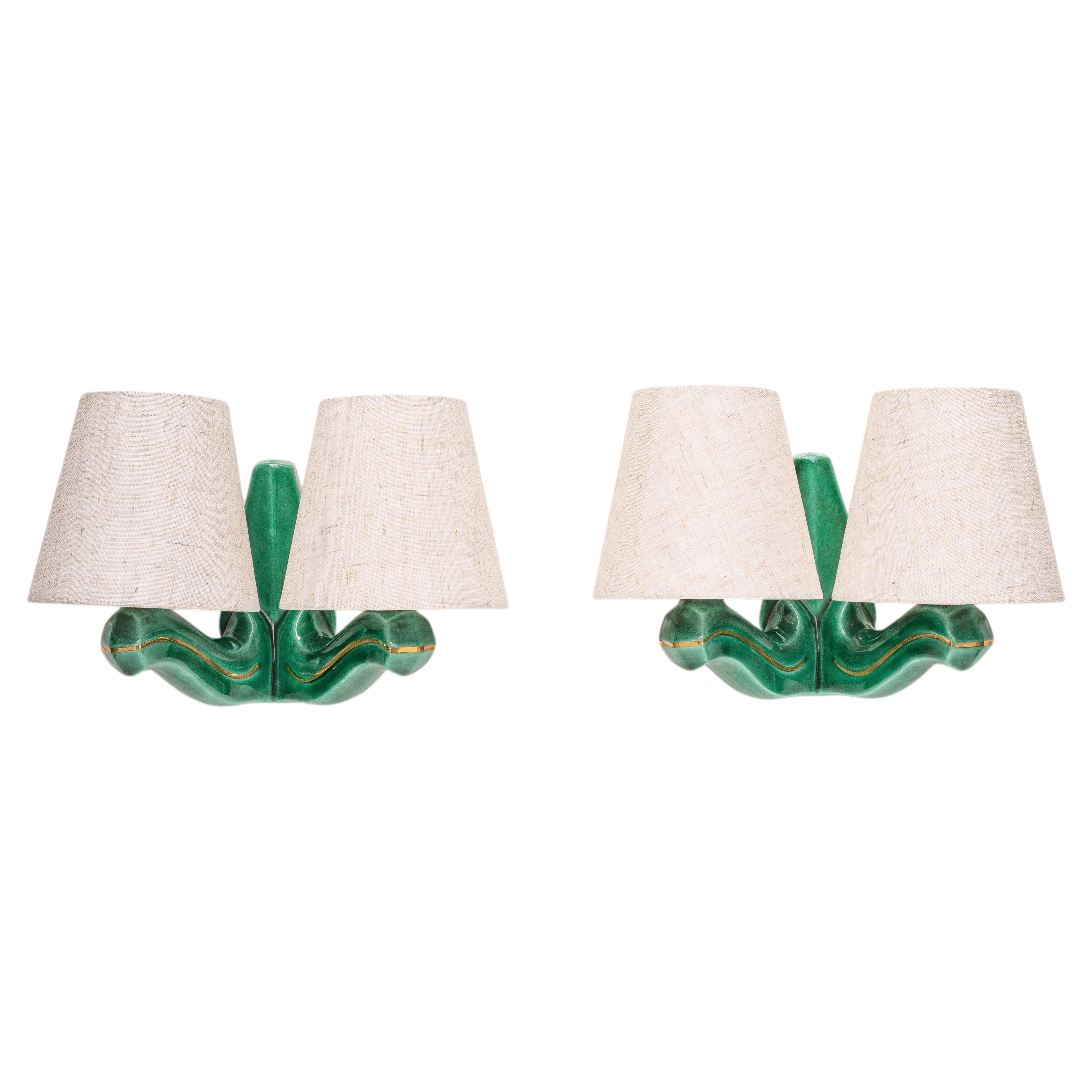 Pair of Art Deco Wall Sconces - Green and Gold Enameled Ceramic ...