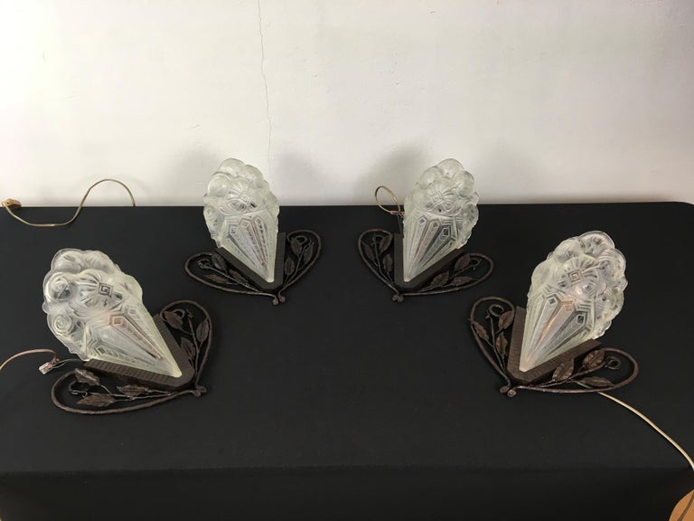 Pair of Art Deco Wall Scones with Molded Clear Frosted Glass, 2 Pair ...