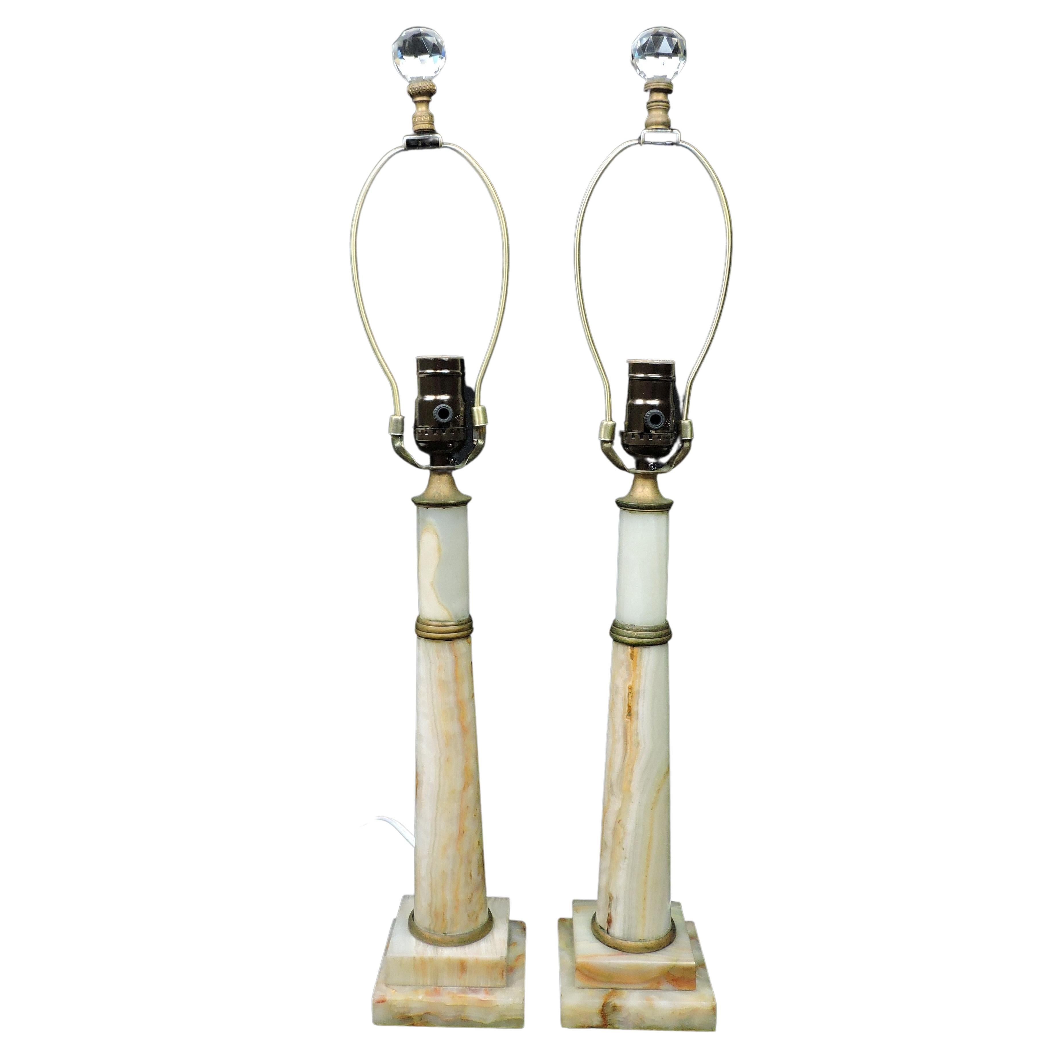 Pair of Art Deco White and Brown Onyx and Brass Column Table Lamps For ...