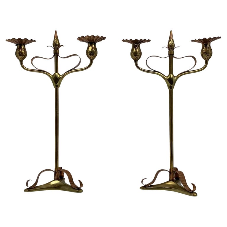 Pair of Art Nouveau Copper and Brass Candlesticks For Sale at 1stDibs
