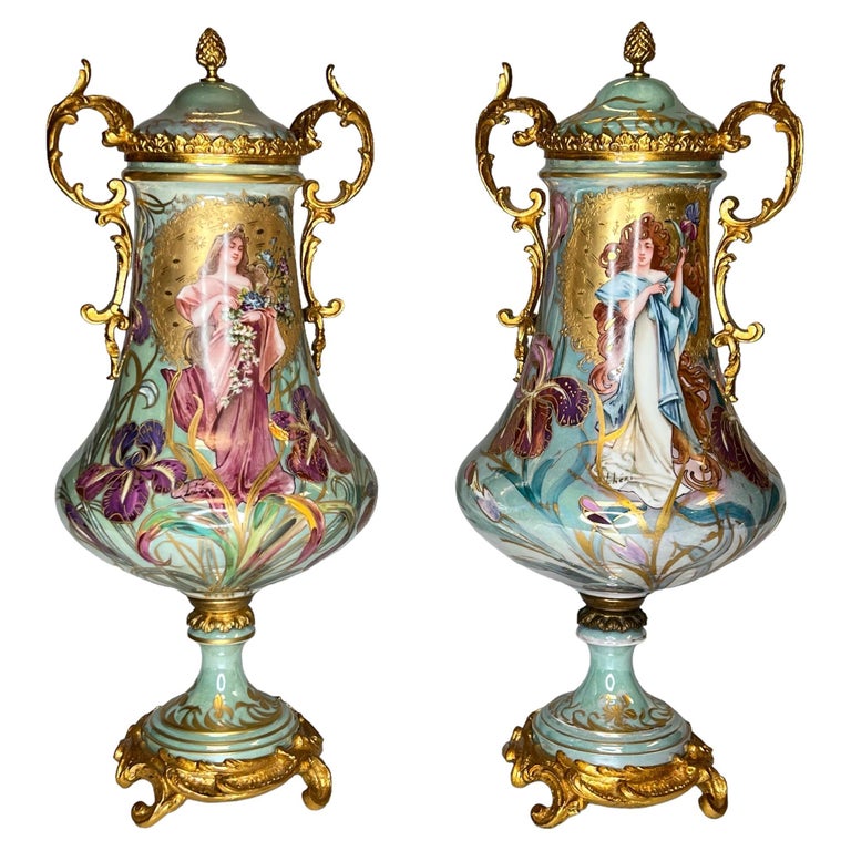 Pair of Art Nouveau Sevres Style Iridescent Porcelain Vases and Covers ...