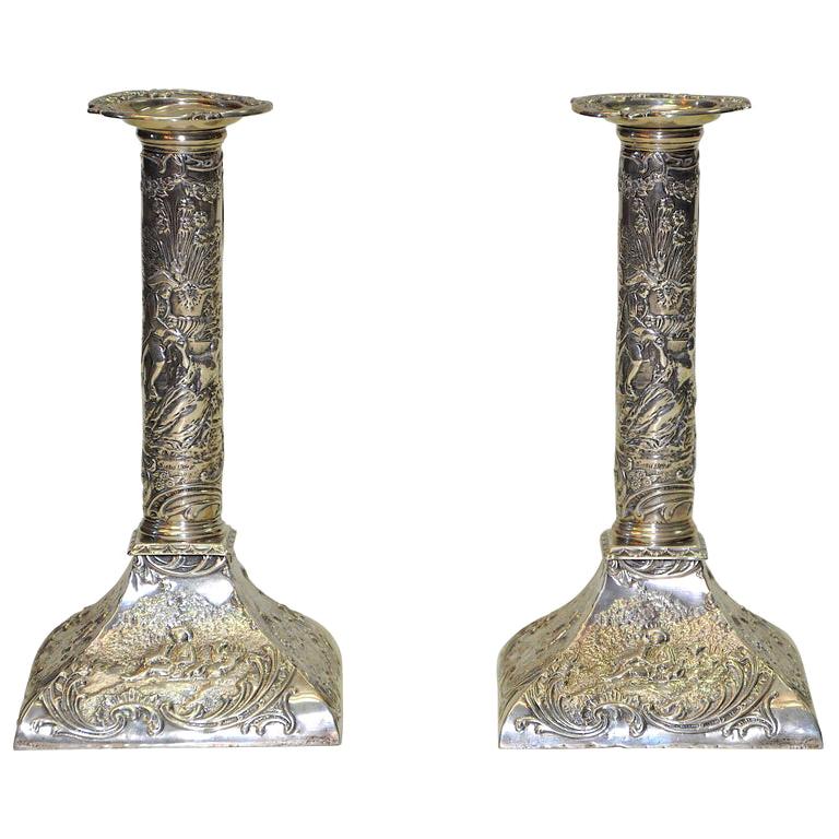 Pair of Art Nouveau Silver Victorian Candlesticks with Pretty Picture ...