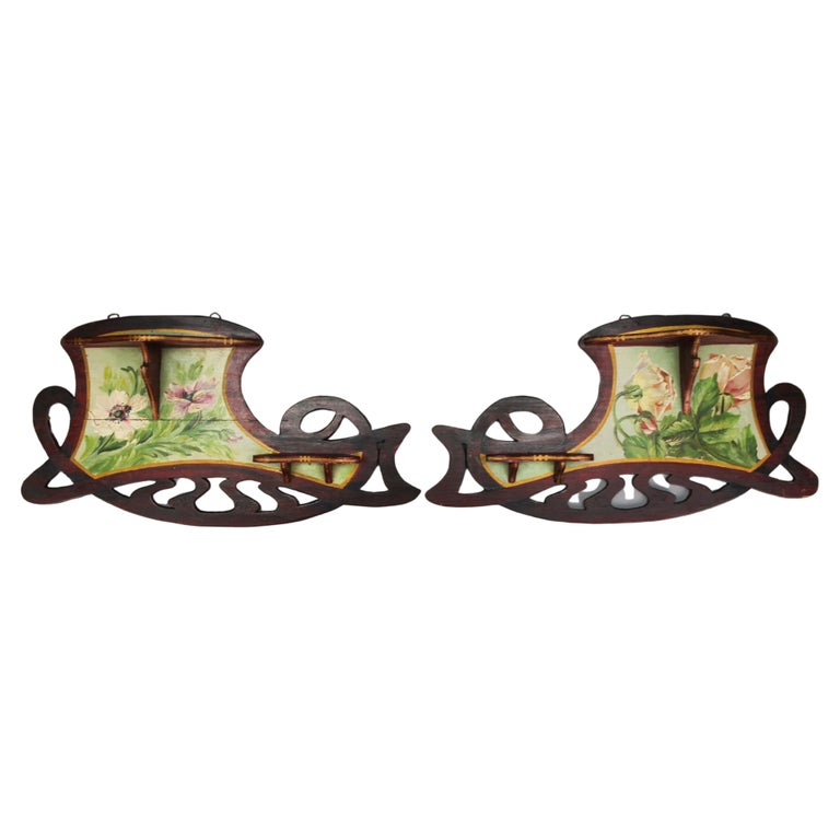 Pair of Art Nouveau Wooden Hand-Painted Floral Shelves, Germany, 1910 ...