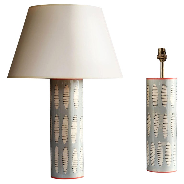 Pair of Art Pottery Lamps with Abstract Leaf Motif For Sale at 1stDibs