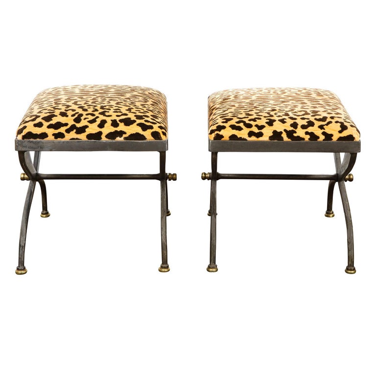 Pair of Artisan Steel Benches with Leopard Print Seats, 1970's at 1stDibs