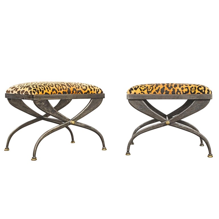 Pair of Artisan Steel Benches with Leopard Print Seats, 1970's at 1stDibs