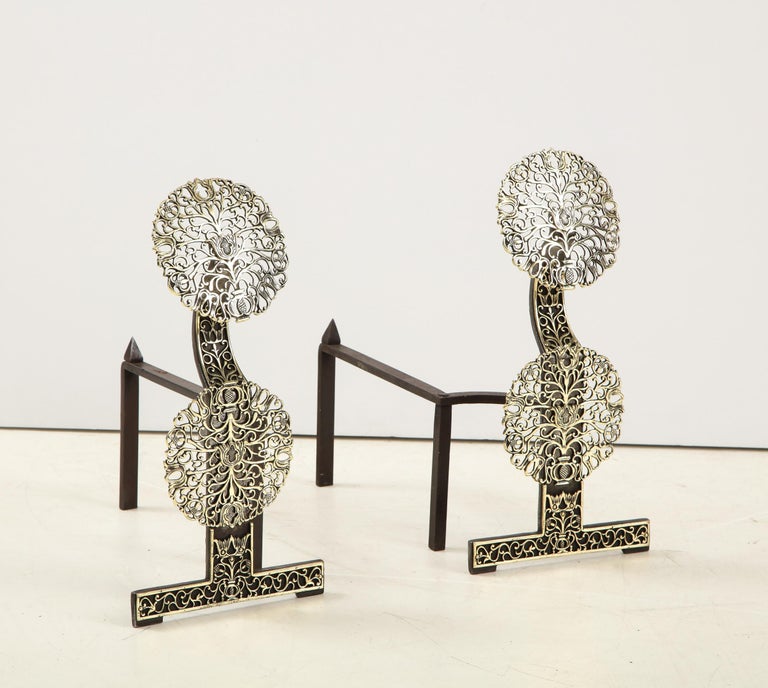 Pair of Arts and Crafts Mixed Metal Andirons For Sale at 1stDibs
