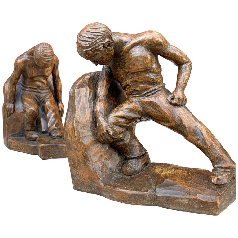 Pair of Arts and Crafts Hand Carved Bookends with Strong Semi Nude ...