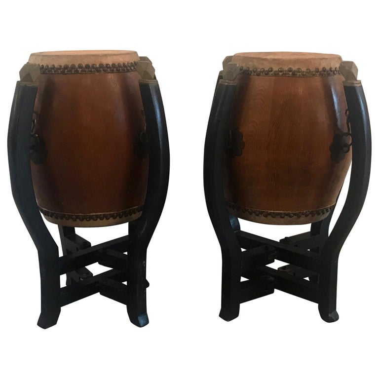 Pair of Asian Hardwood Drums with Collapsible Stands For Sale at 1stDibs