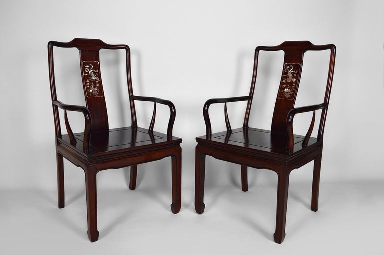 Pair of Asian Inlaid Wooden Armchairs, Mid-20th Century at 1stDibs