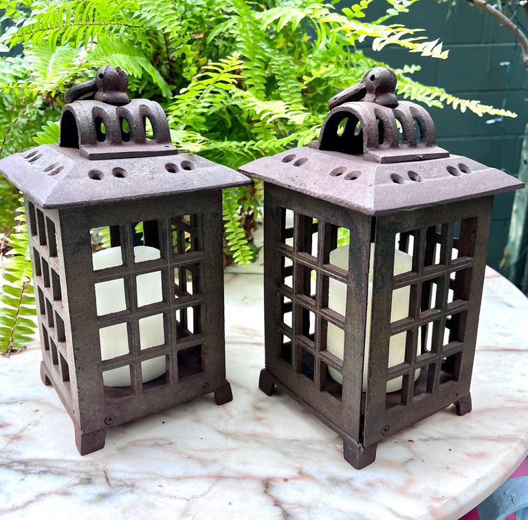 Pair of Asian Inspired Wrought Iron Lanterns with Rings For Sale at 1stDibs
