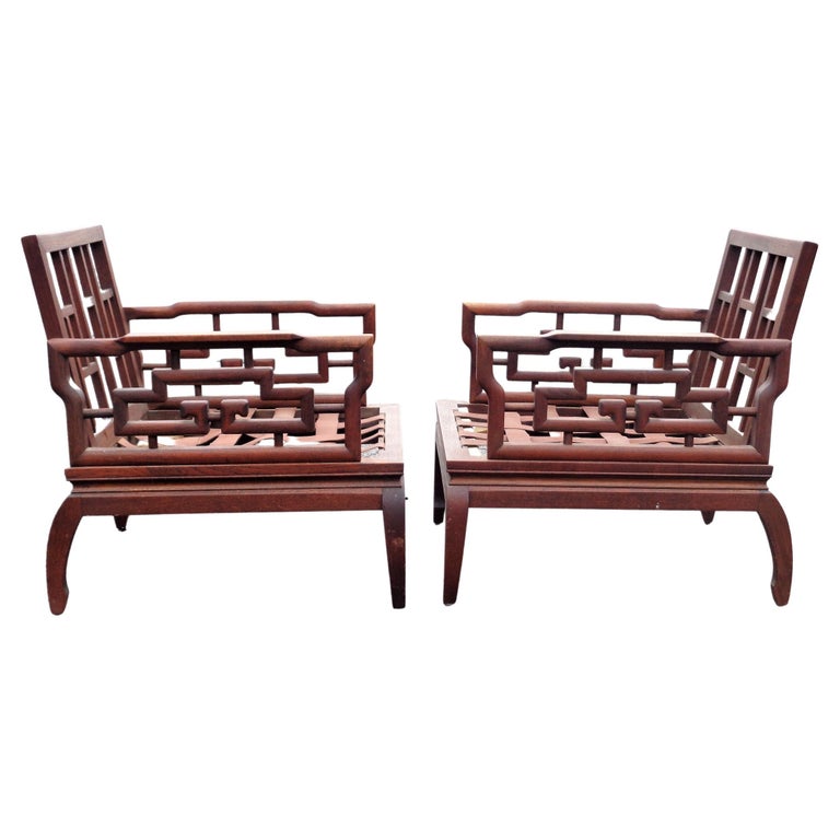 Pair Asian Ming Style Carved Teak Lounge Chairs For Sale at 1stDibs