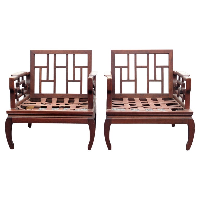 Pair Asian Ming Style Carved Teak Lounge Chairs For Sale at 1stDibs