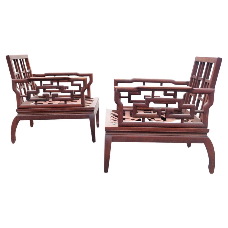 Pair Asian Ming Style Carved Teak Lounge Chairs For Sale at 1stDibs