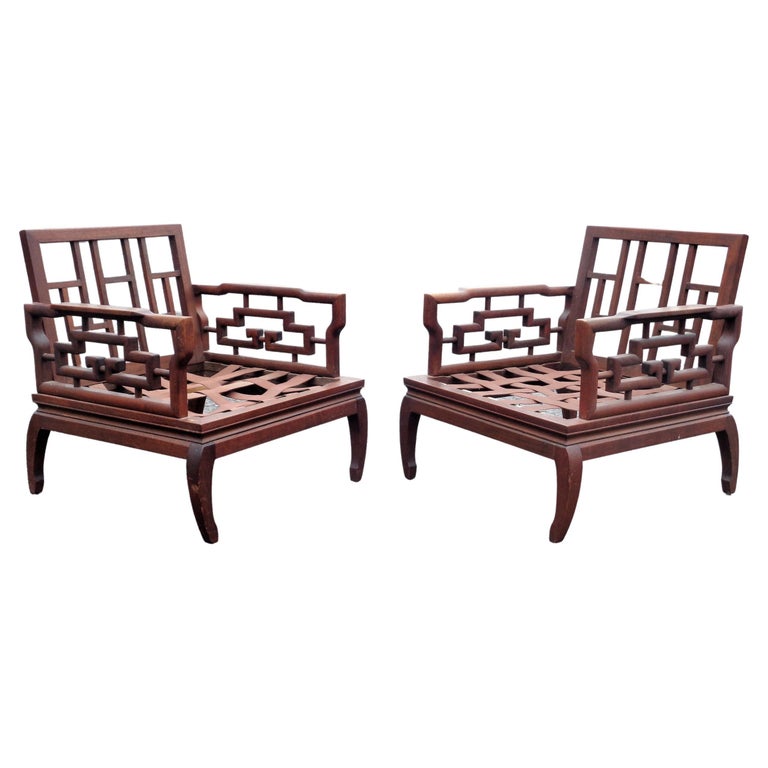 Pair Asian Ming Style Carved Teak Lounge Chairs For Sale at 1stDibs