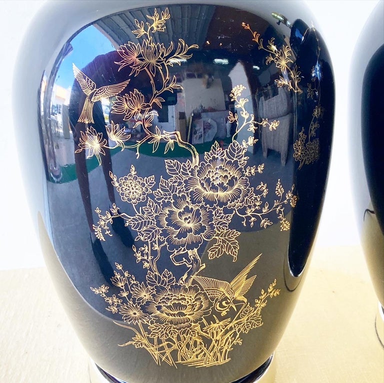 Pair of Asian Style Black Lacquer Porcelain Lamps wiith Painted Gold ...