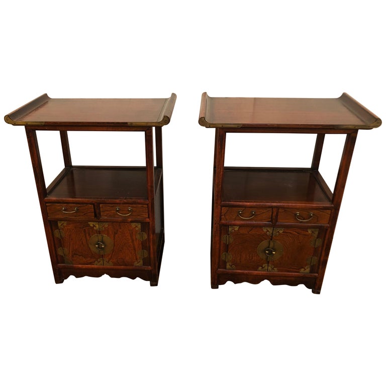 Pair of Asian Style Night Stands with Original Brass Decoration at 1stDibs