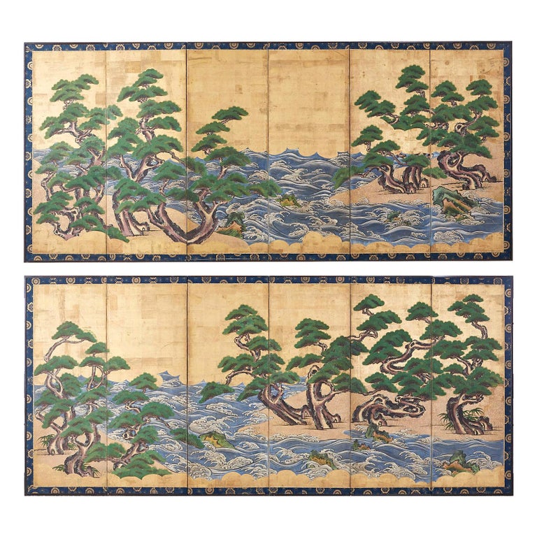Pair of Attributed Tosa Mitsuoki Pines Along Seashore Edo Screens at ...
