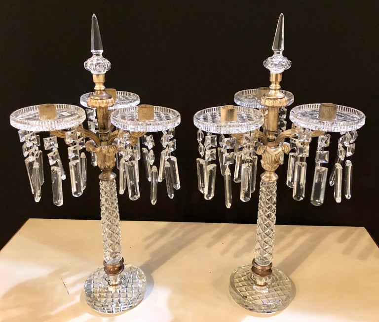 Pair Of Baccarat Style Crystal Three Arm Candelabras At 1stdibs