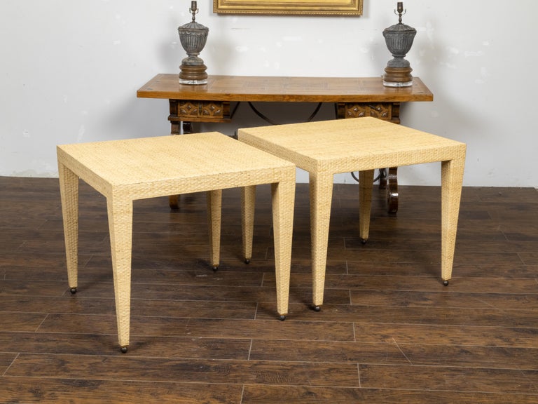 Pair of Baker Furniture Midcentury Wicker Side Tables with Tapered Legs ...