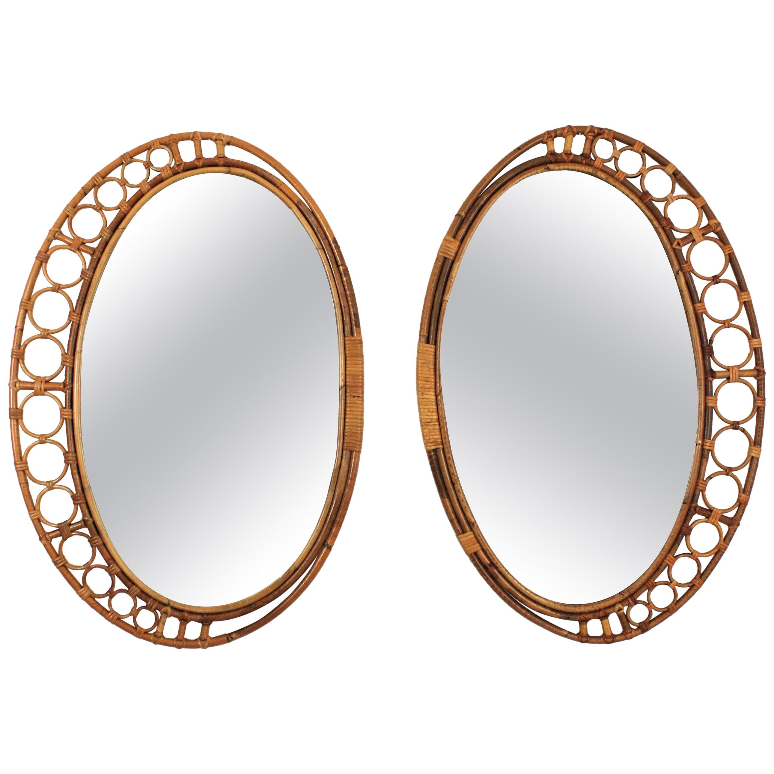 Pair of Vintage Bamboo Rattan Painted Mirrors, circa 1970 at 1stDibs